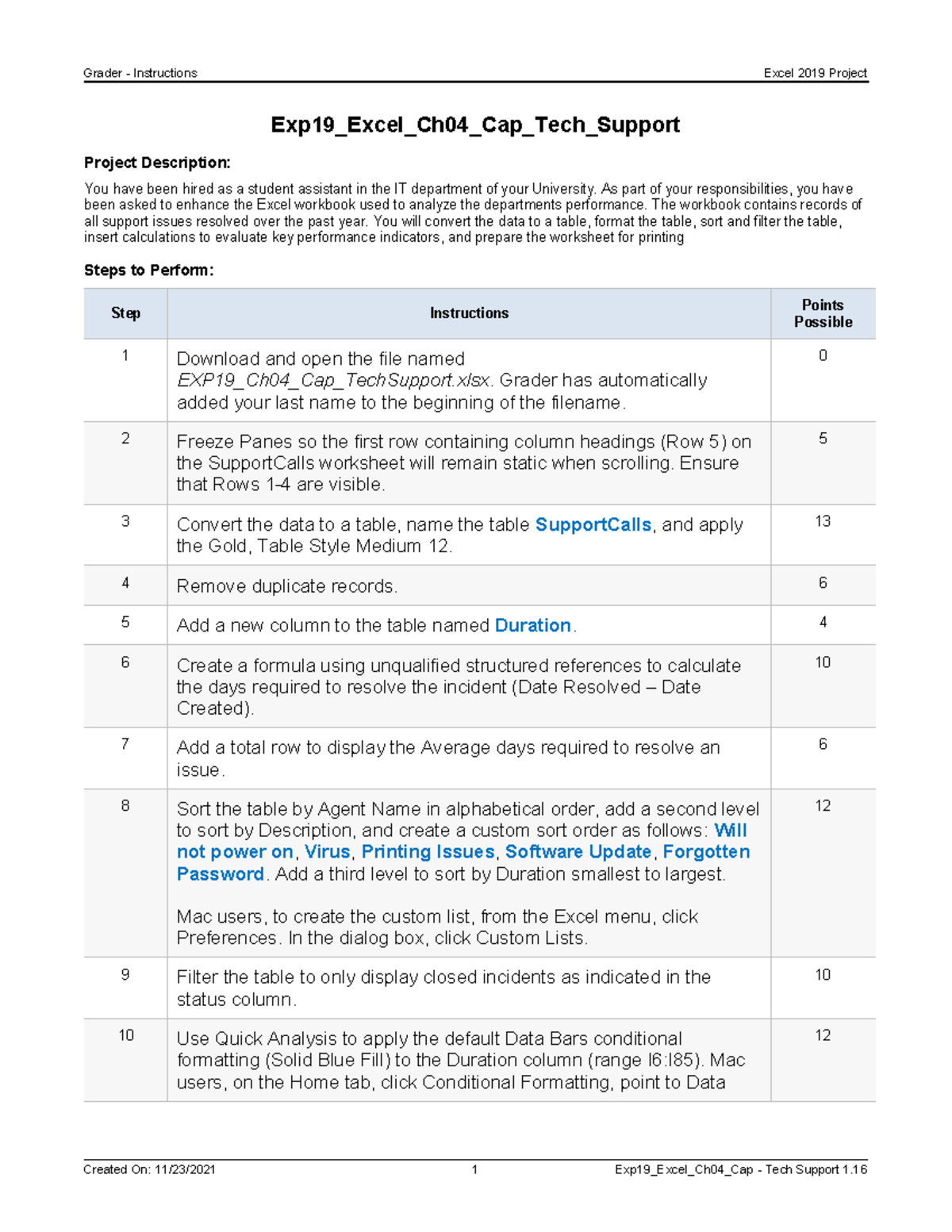 Exp19 Excel Ch04 Cap Tech Support Instructions - Grader - Instructions Excel 2019 Project - Studocu