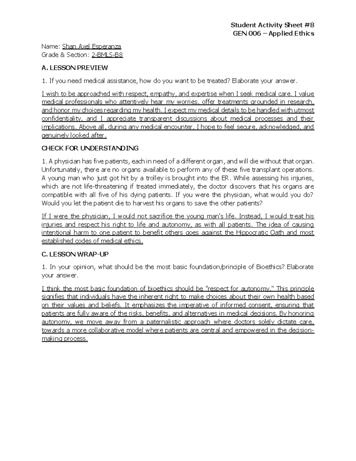 SAS 8 - Student Activity Sheet # 8 GEN 006 – Applied Ethics Name: Shan ...