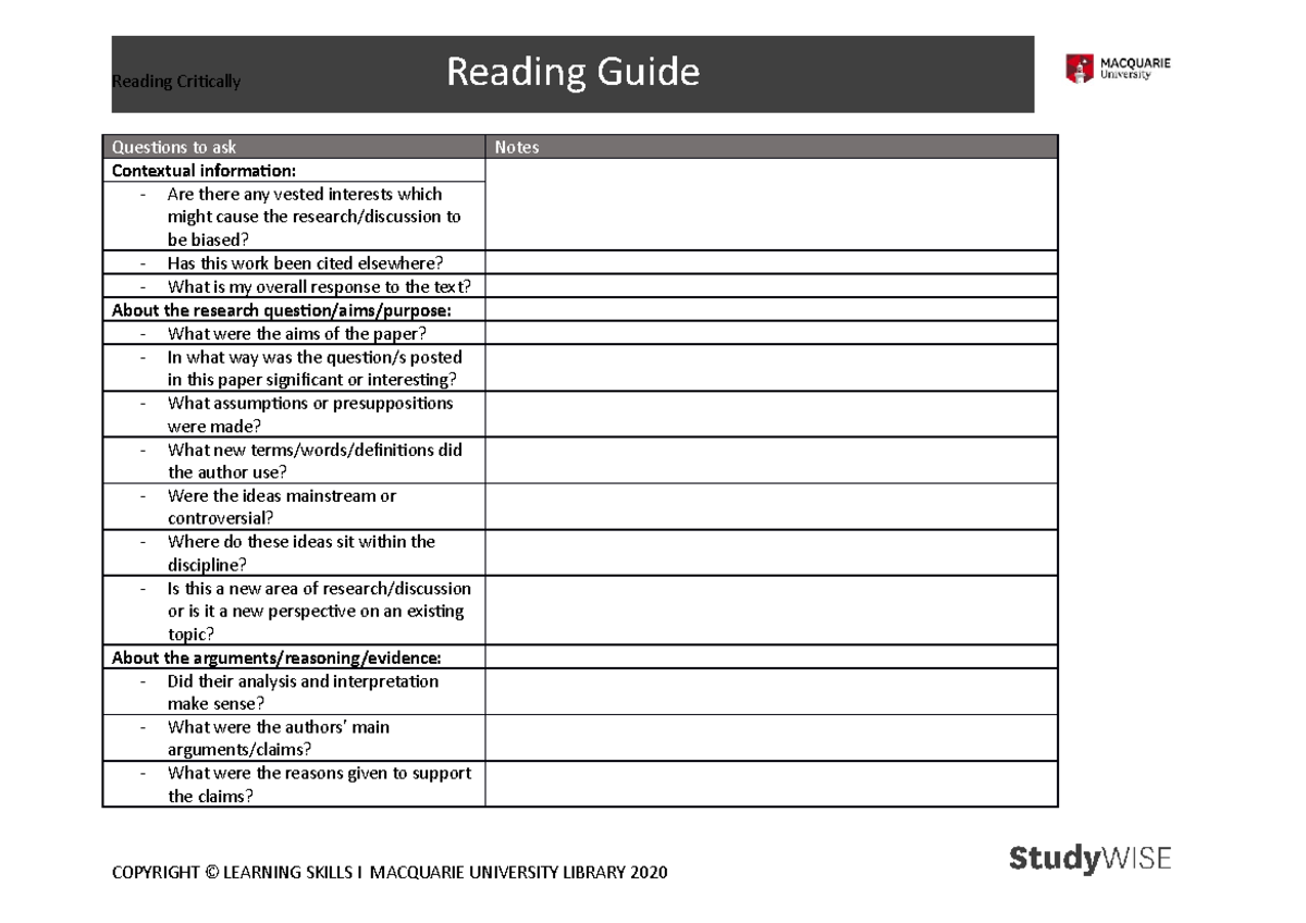 Reading guide (longer) - Reading Critically Questions to ask Notes ...