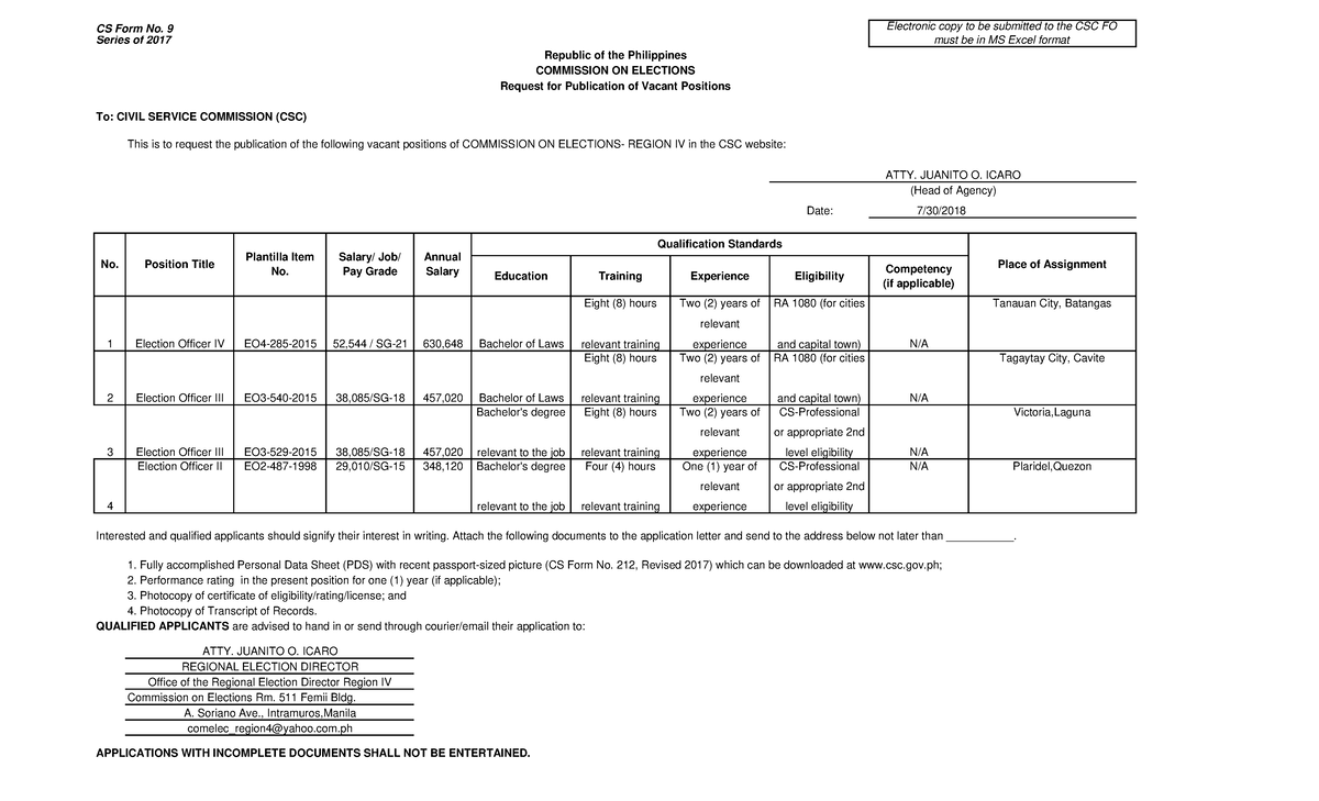 July 30 - comelec region 4 - CS Form No. 9 Series of 2017 To: CIVIL ...
