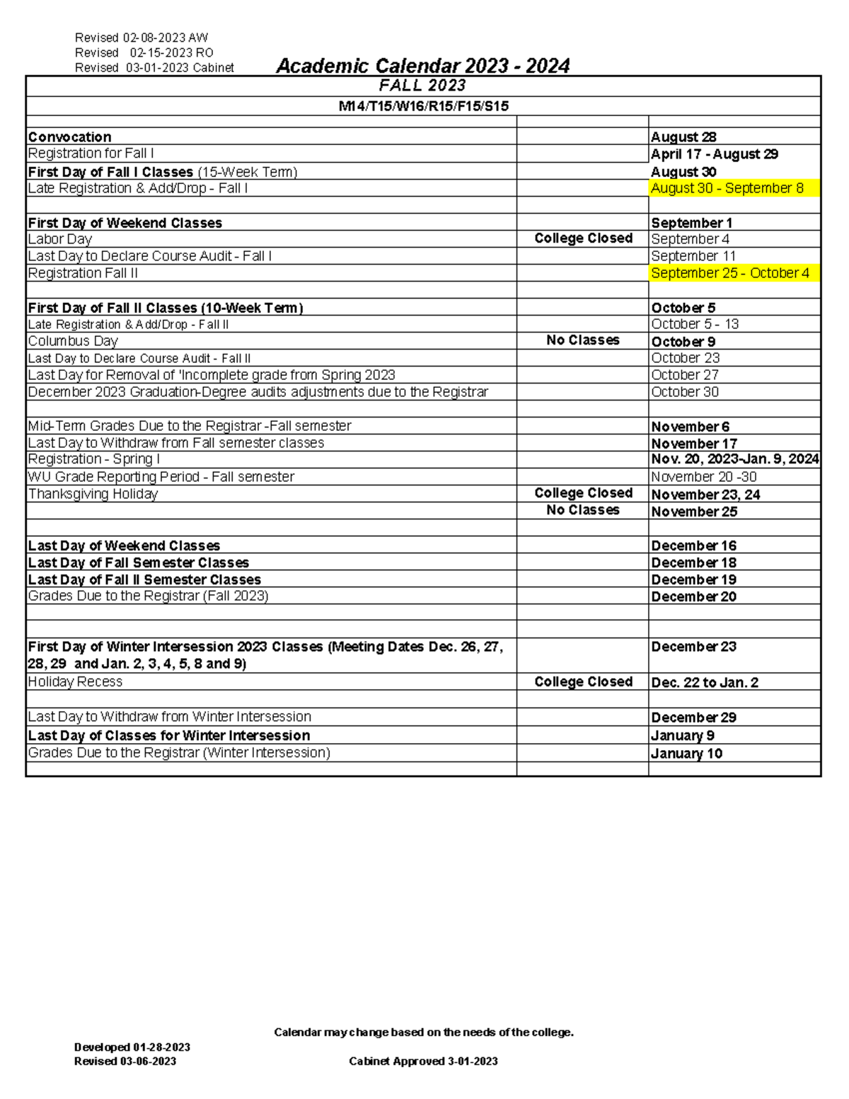 Academic Calendar 2023 2024 Cabinet Approved 03012023 revised 03102023 ...