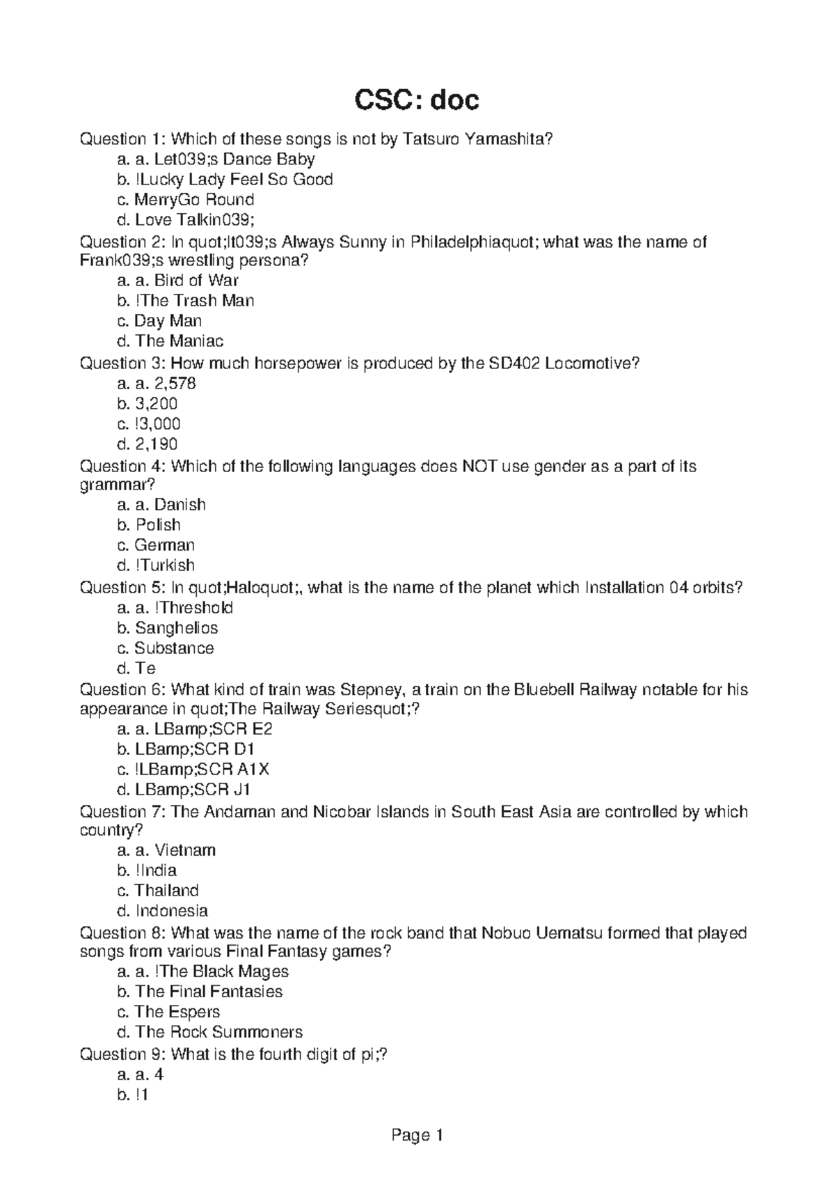 CSC106 Cheat Sheet 2 - CSC: doc Question 1: Which of these songs is not ...