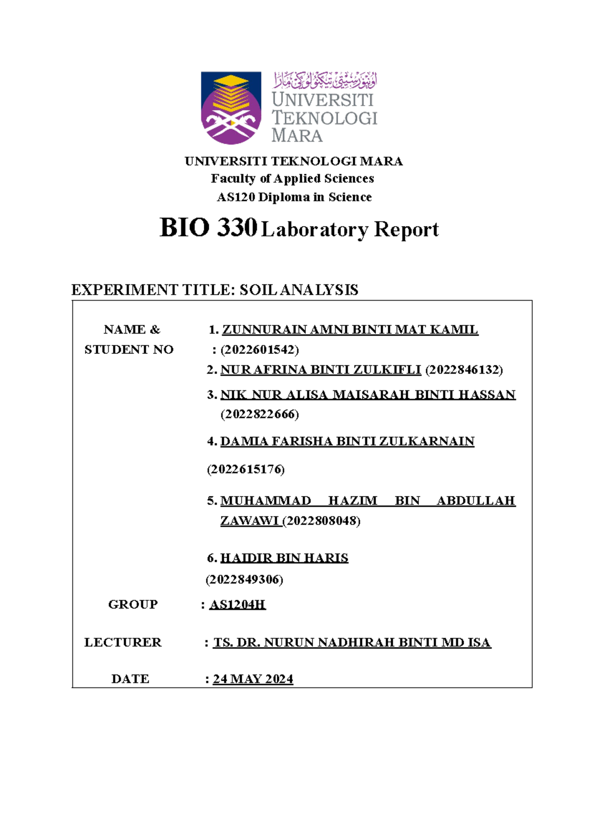 LAB Report BIO330 EXP 5 - UNIVERSITI TEKNOLOGI MARA Faculty of Applied ...