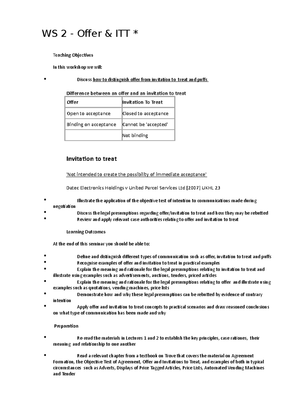 WS 2 - Offer & ITT - WS 2 - Offer & ITT * Teaching Objectives In this ...