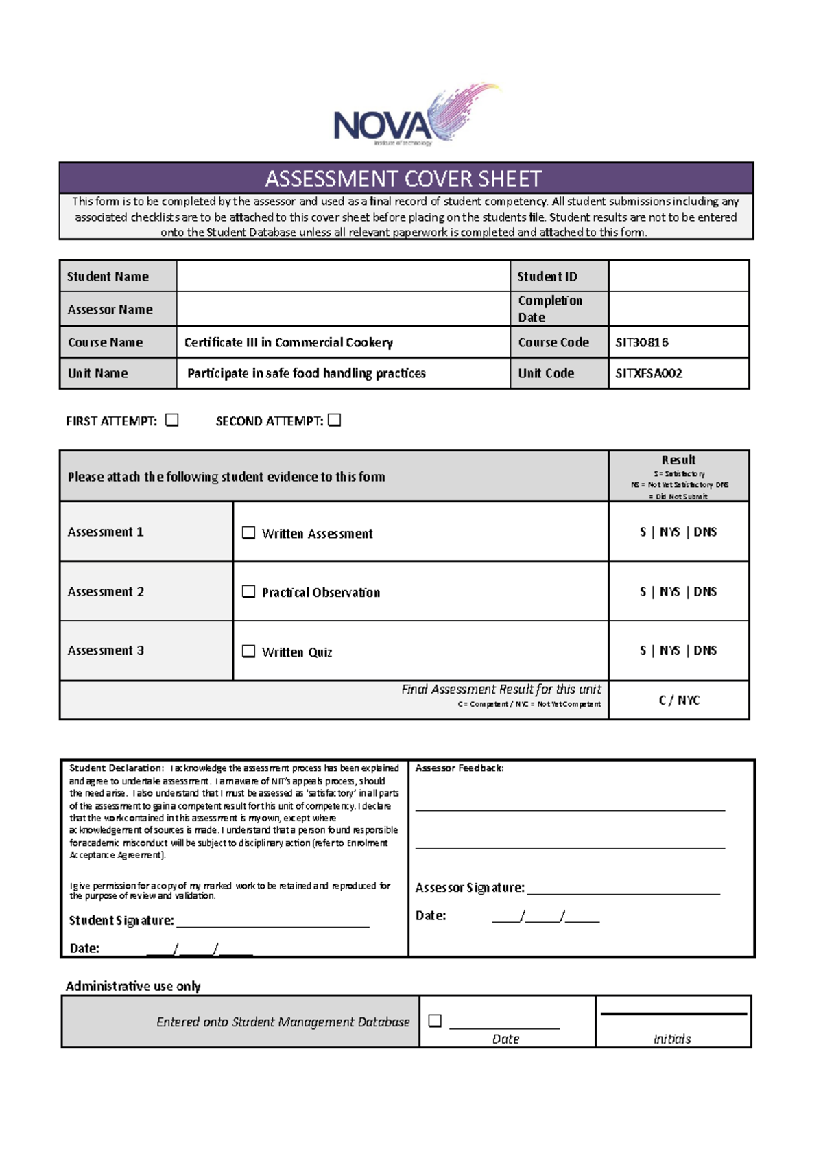 Sitxfsa 002 Assessment - ASSESSMENT COVER SHEET This form is to be ...