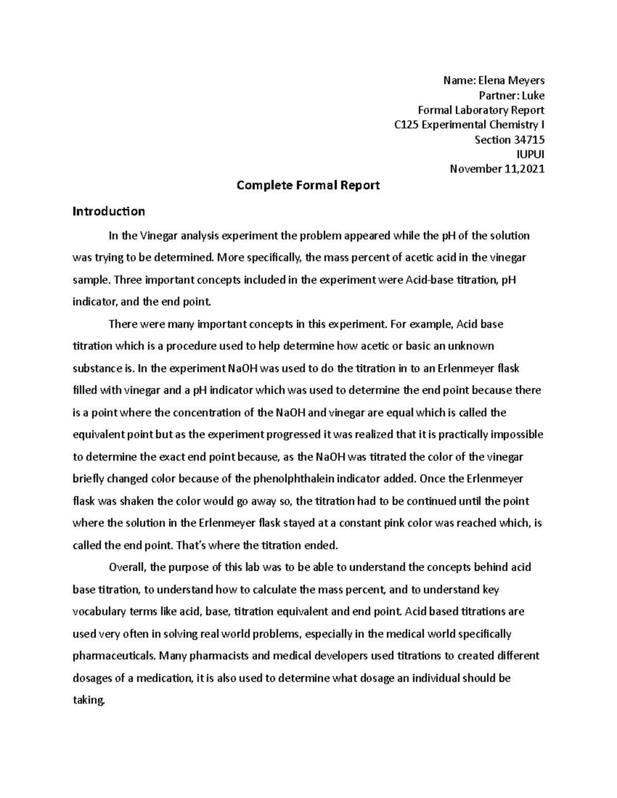 Complete formal report chem - Name: Elena Meyers Partner: Luke Formal ...