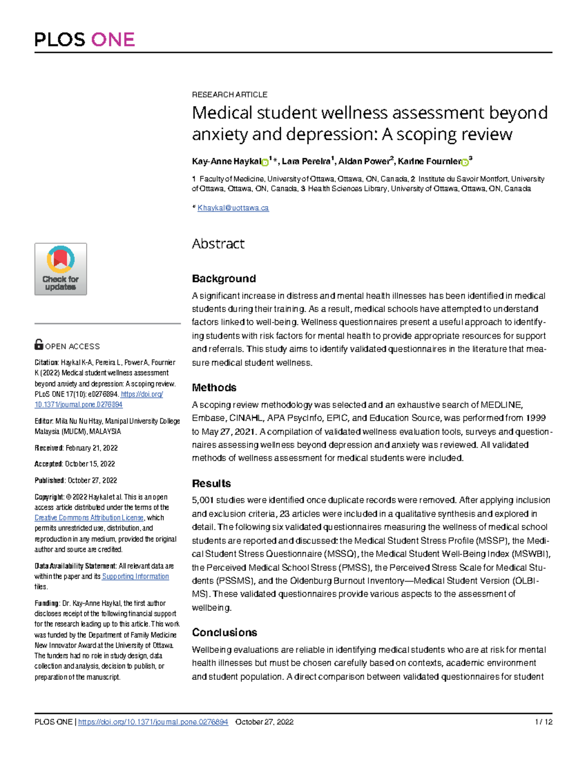 Haykal, 2022 - RRL - RESEARCH ARTICLE Medical student wellness ...