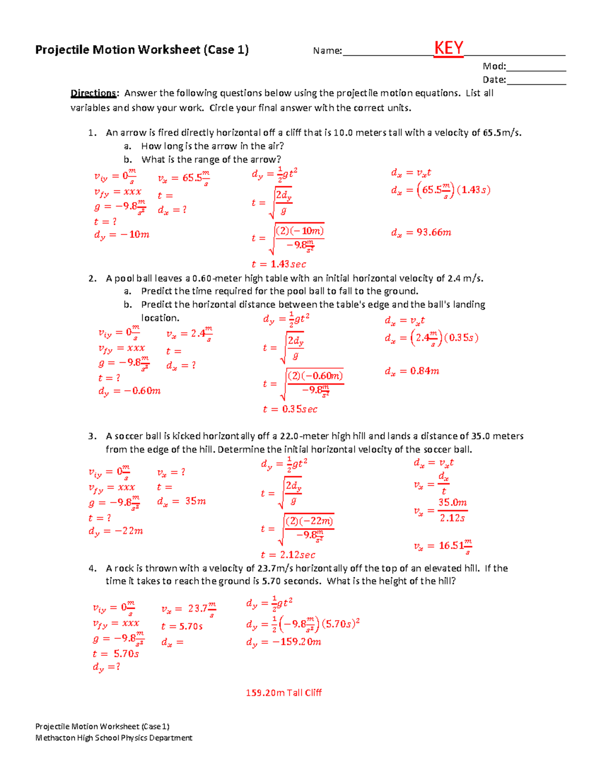 Projectile motion worksheet - case 1 answer key - Projectile Motion ...