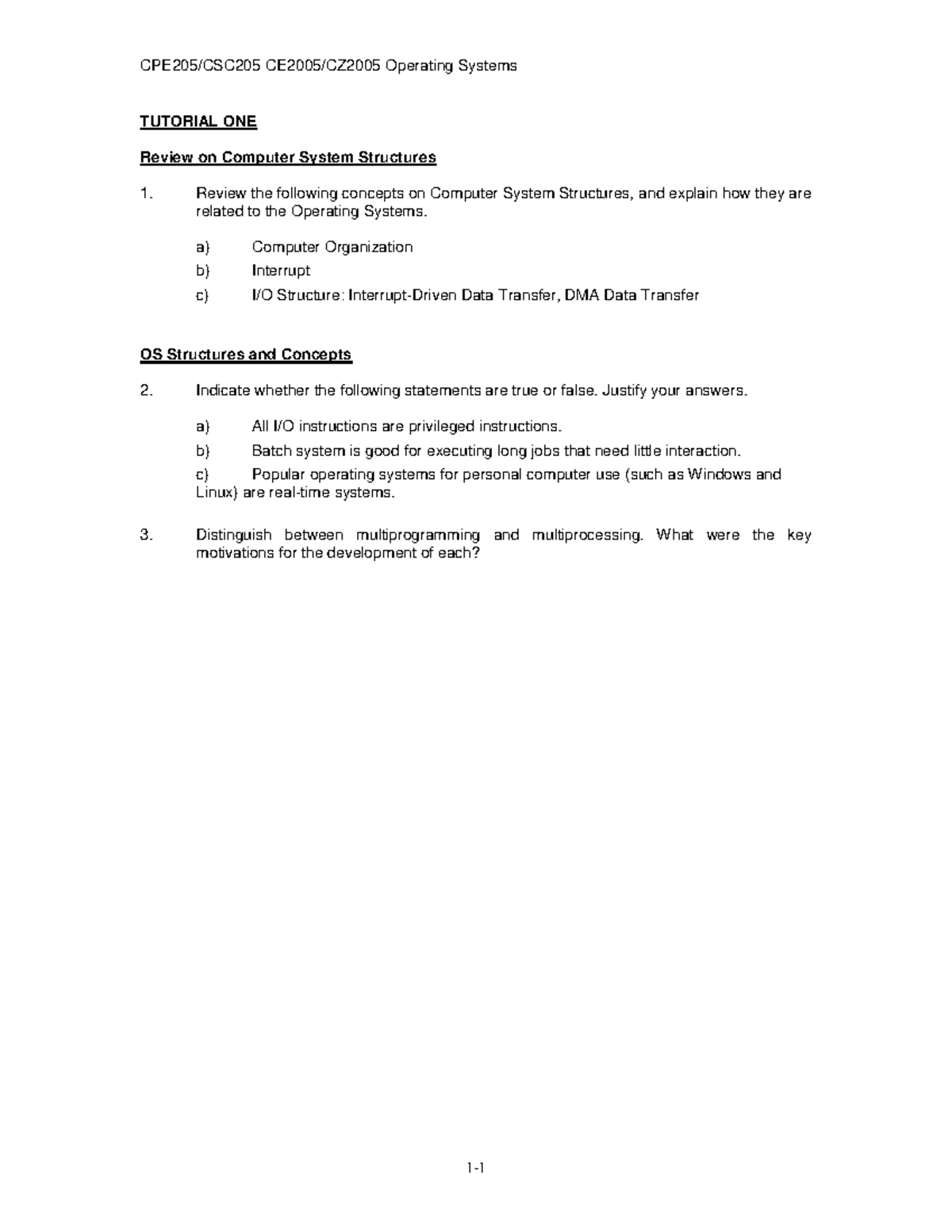 Tutorial 1 Question Cpe205csc205 Ce2005cz2005 Operating Systems Tutorial One Review On