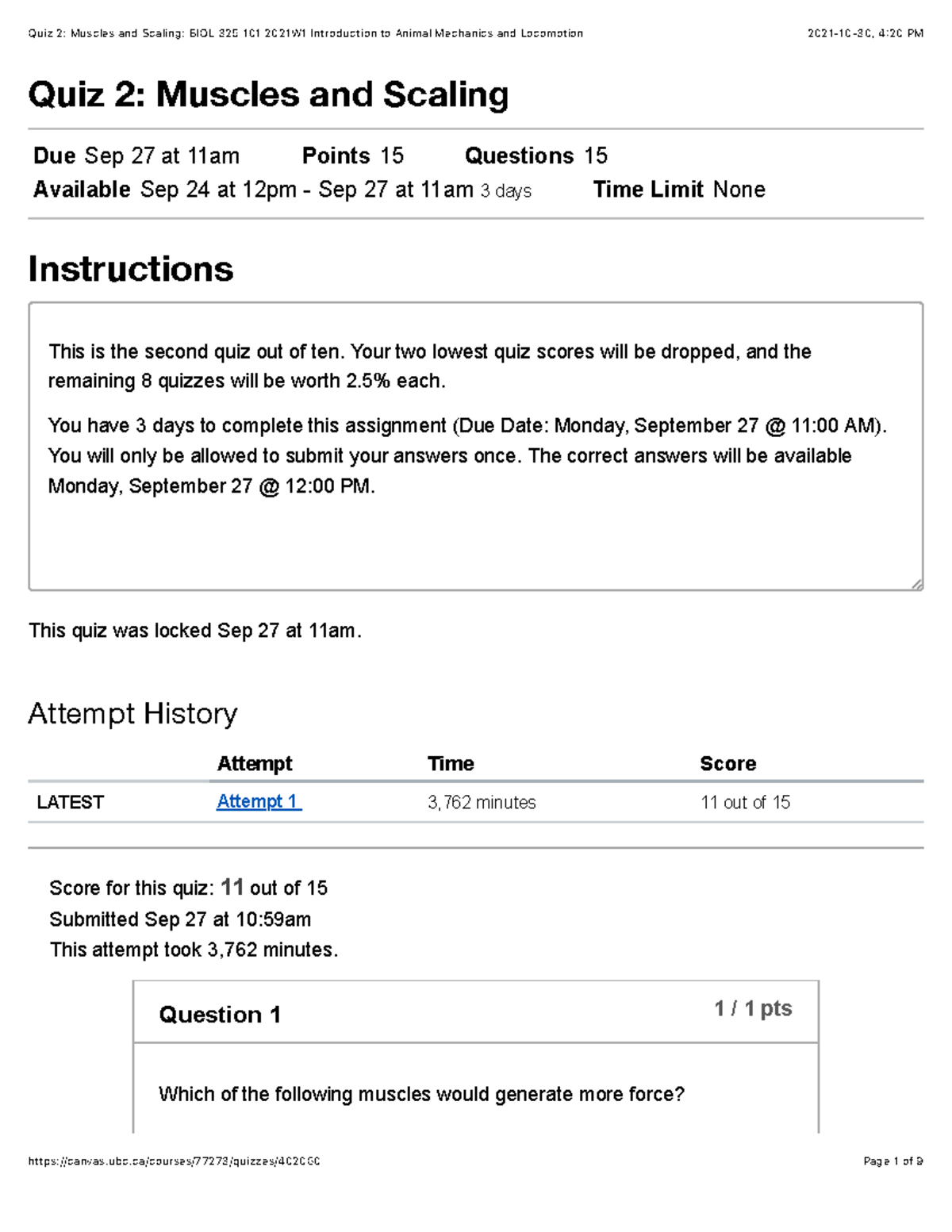 Quiz 2: Muscles and Scaling: BIOL 325 101 2021W1 Introduction to Animal ...