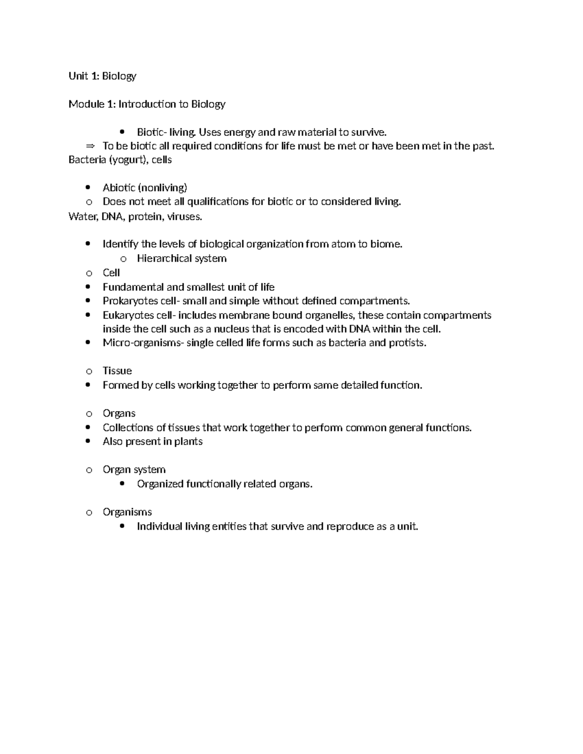 Biology notes to use - Unit 1: Biology Module 1: Introduction to ...