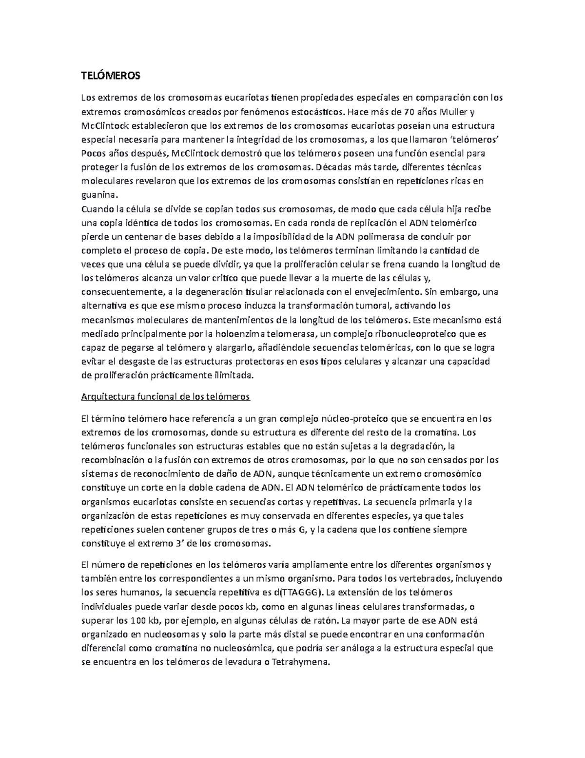 Telómeros - Resumen Genetica General - TELÓMEROS Los extremos de los ...