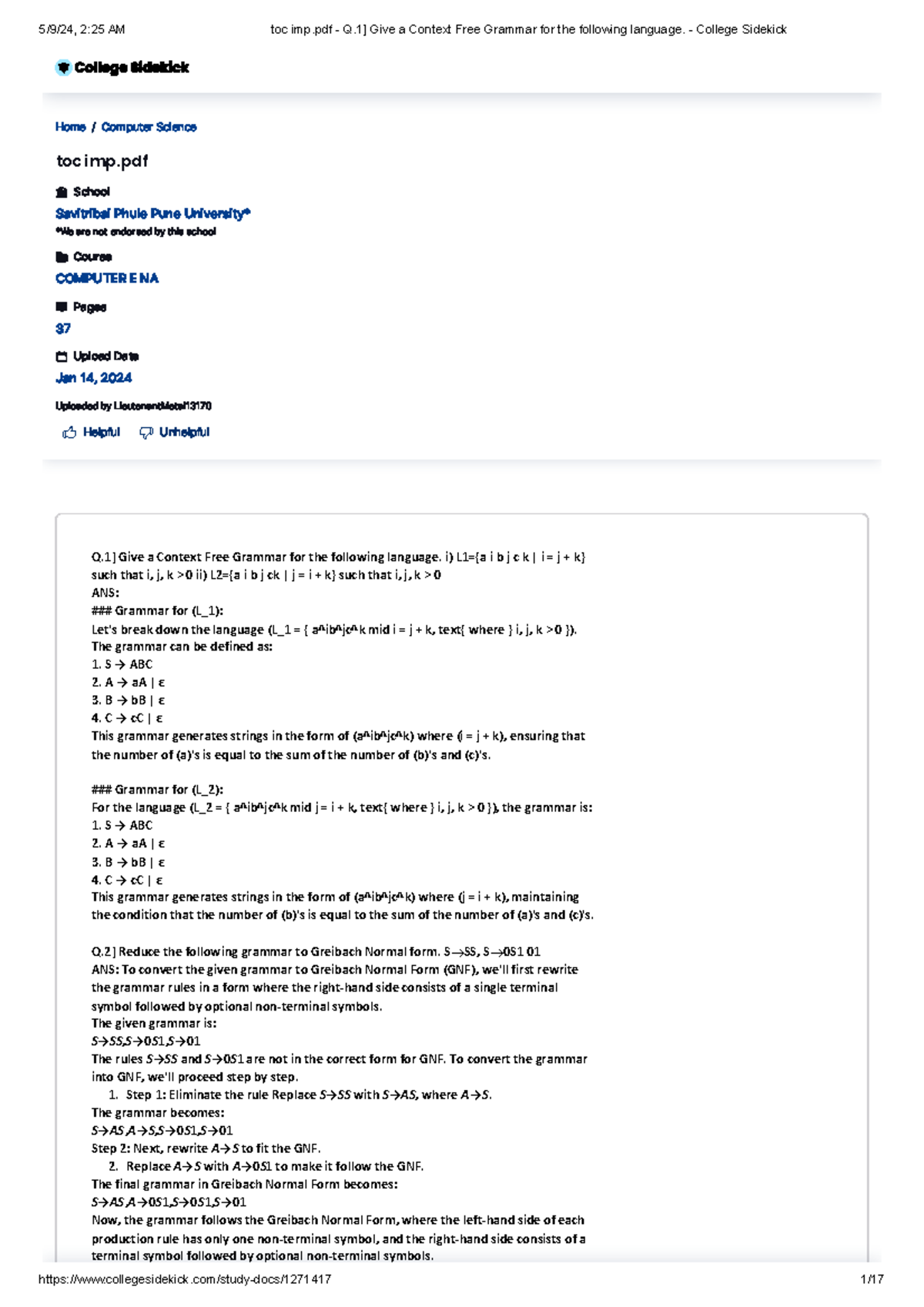 Toc imp.pdf - Q.1] Give a Context Free Grammar for the following ...