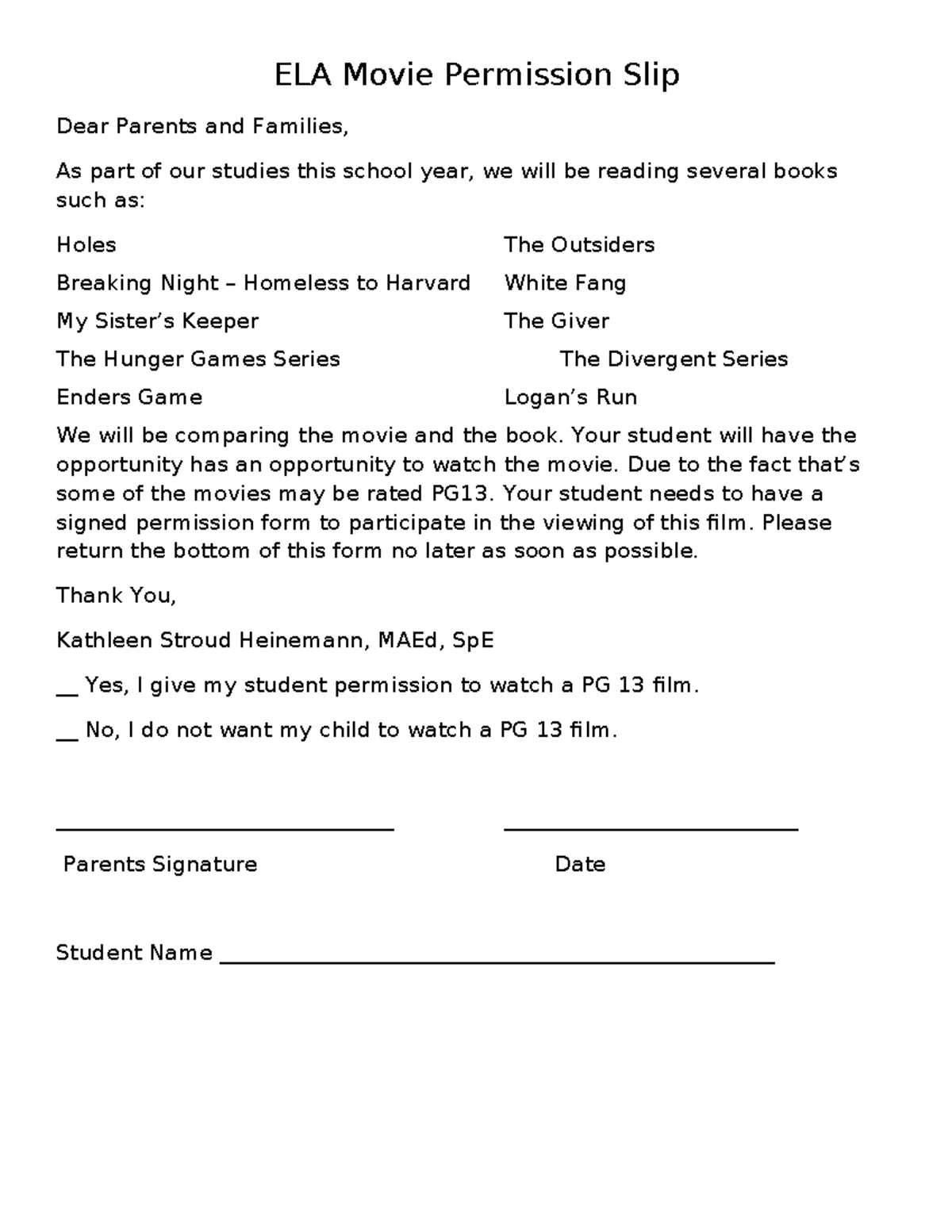 Dystopian Fiction Permission Slip - ELA Movie Permission Slip Dear ...