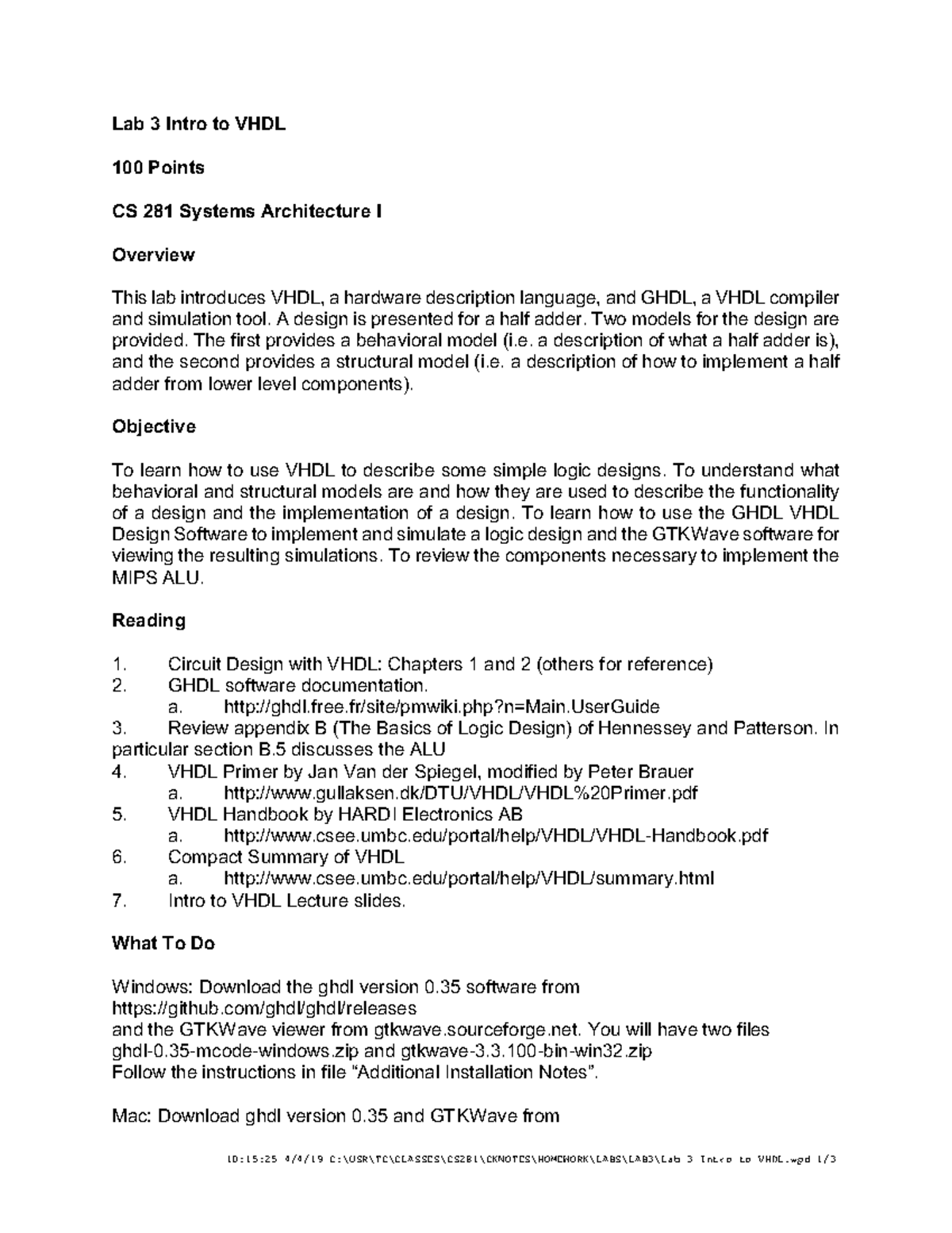 Lab 3 Intro To Vhdl Comp Sci Lab Lab 3 Intro To Vhdl 100 Points Cs 281 Systems Architecture 7537