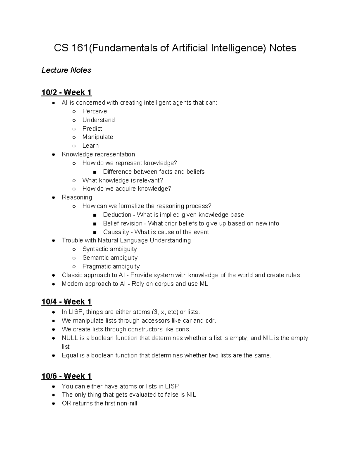 CS 161 Notes - CS 161(Fundamentals of Artificial Intelligence) Notes ...
