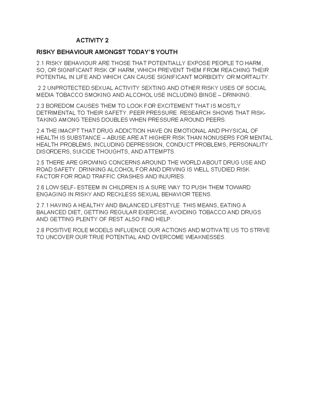 Activity 2 - ACTIVITY 2 RISKY BEHAVIOUR AMONGST TODAY’S YOUTH 2 RISKY ...