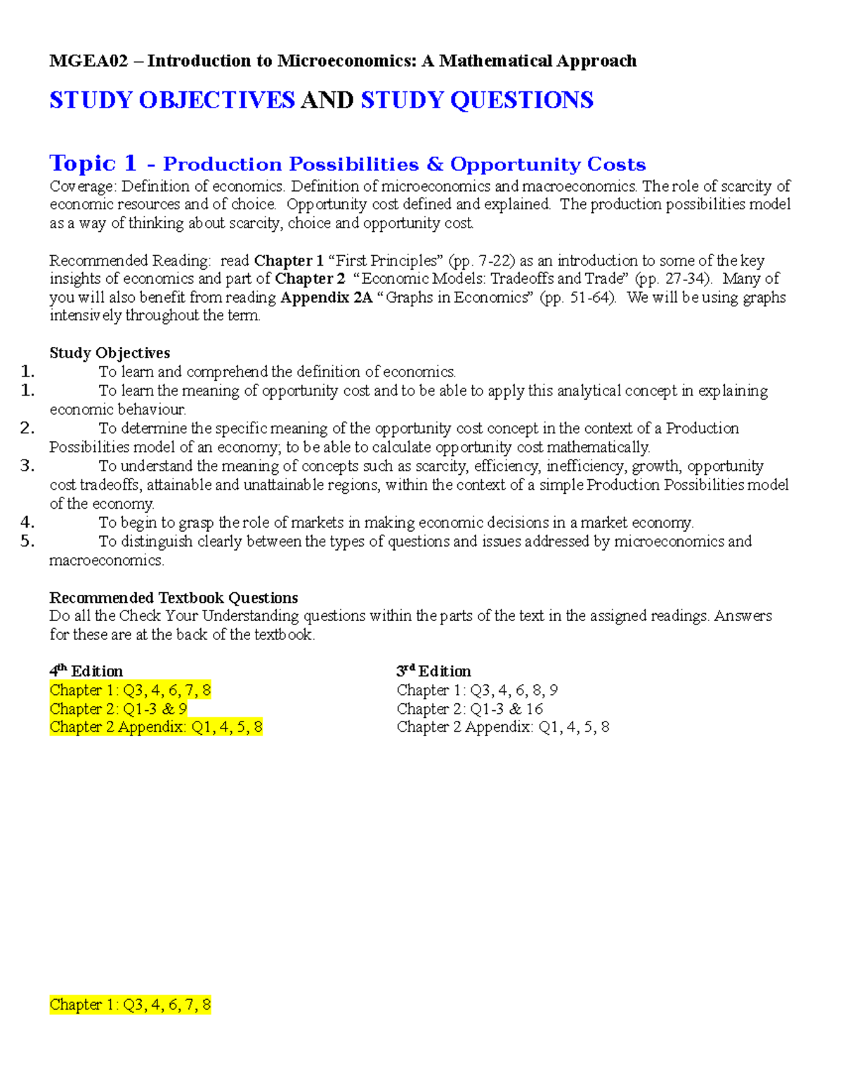 A02 Study Questions Topic 1 - MGEA02 – Introduction to Microeconomics: A Mathematical Approach ...
