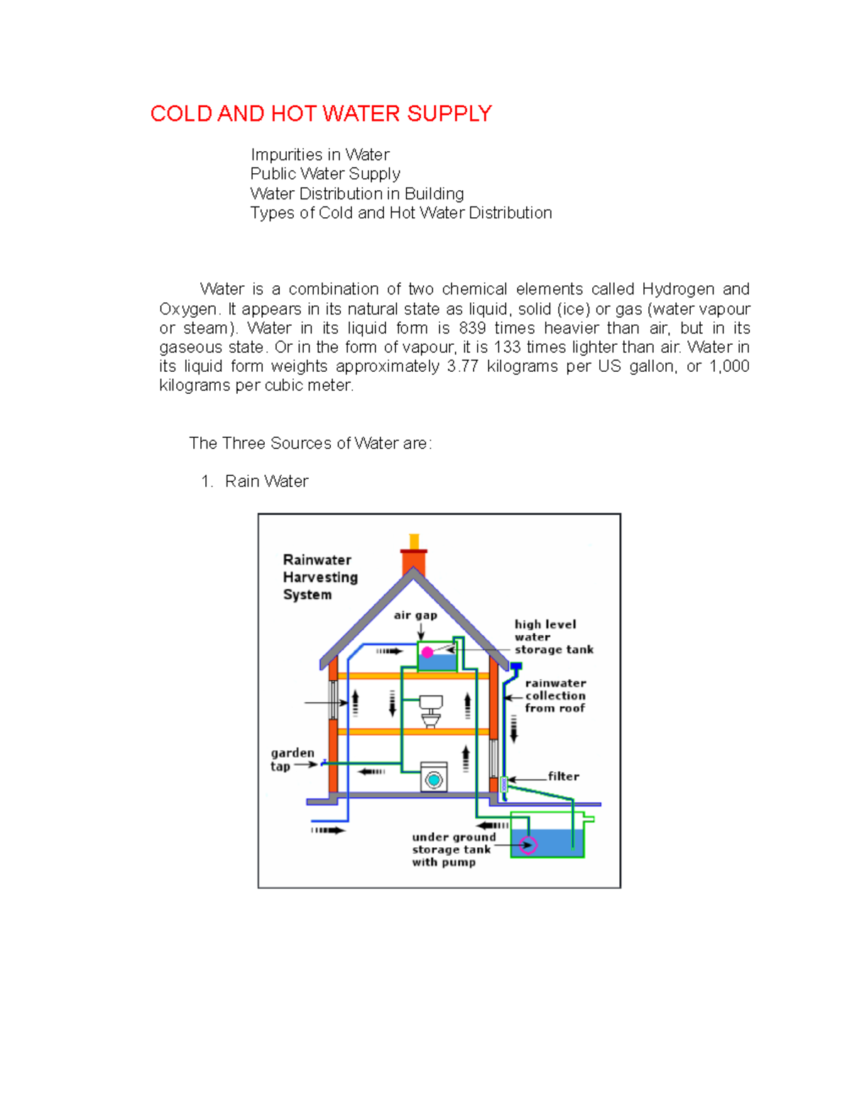 COLD AND HOT Water Supply - COLD AND HOT WATER SUPPLY Impurities in ...