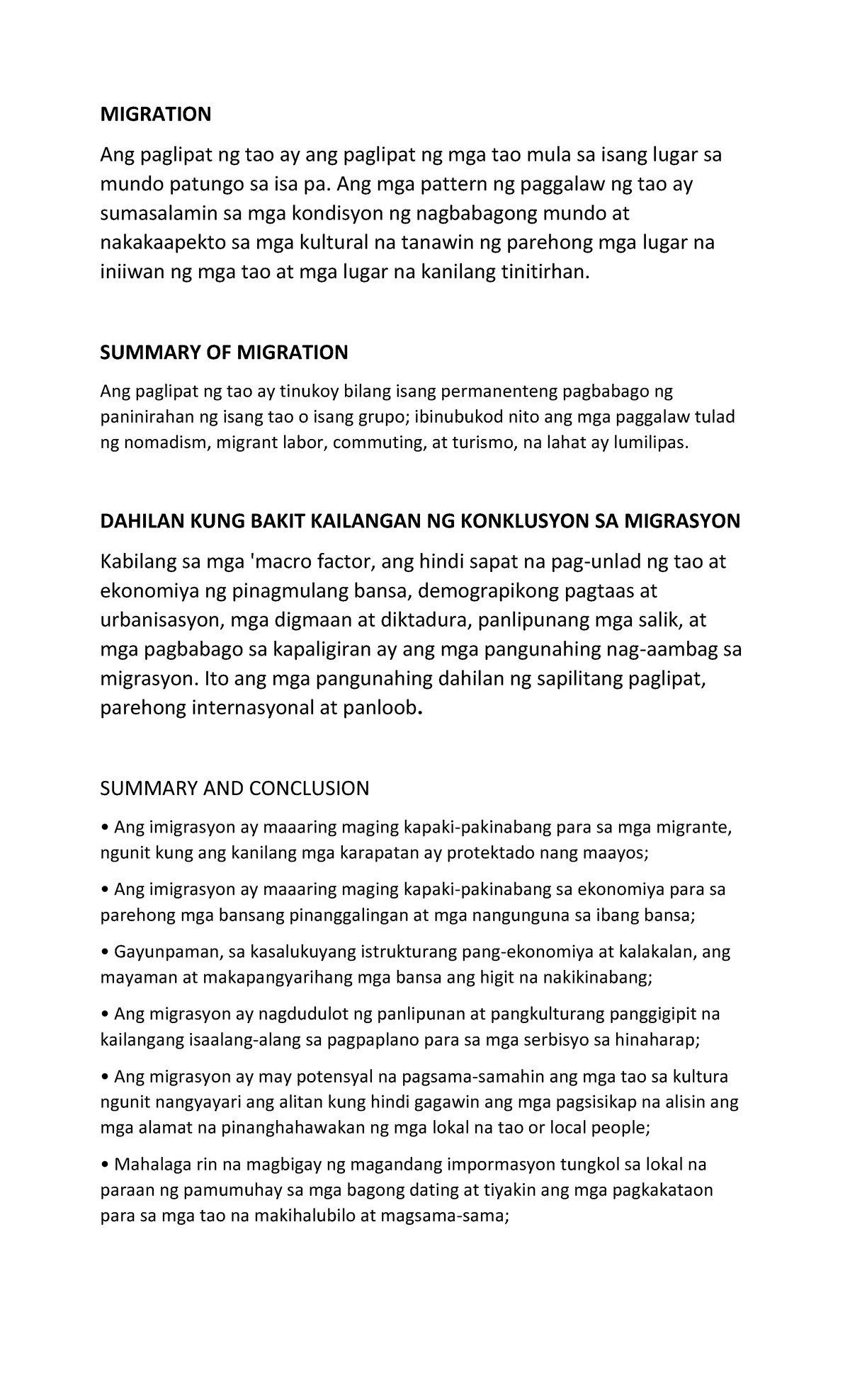 Migration - Lecture notes 1 - MIGRATION Ang paglipat ng tao ay ang ...