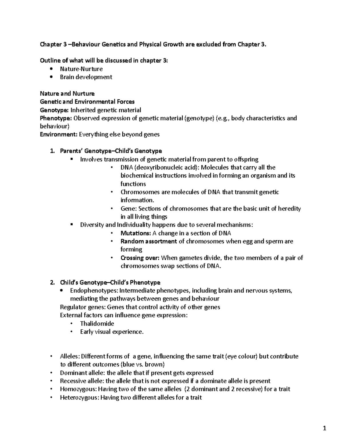 PSY 302 Week 2 Notes (pt. 2) - Chapter 3 –Behaviour Genetics and ...