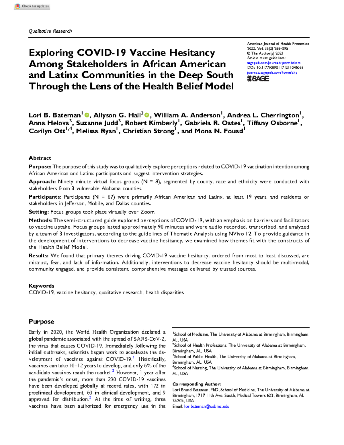 Bateman 2022 - N/A - Qualitative Research American Journal of Health ...