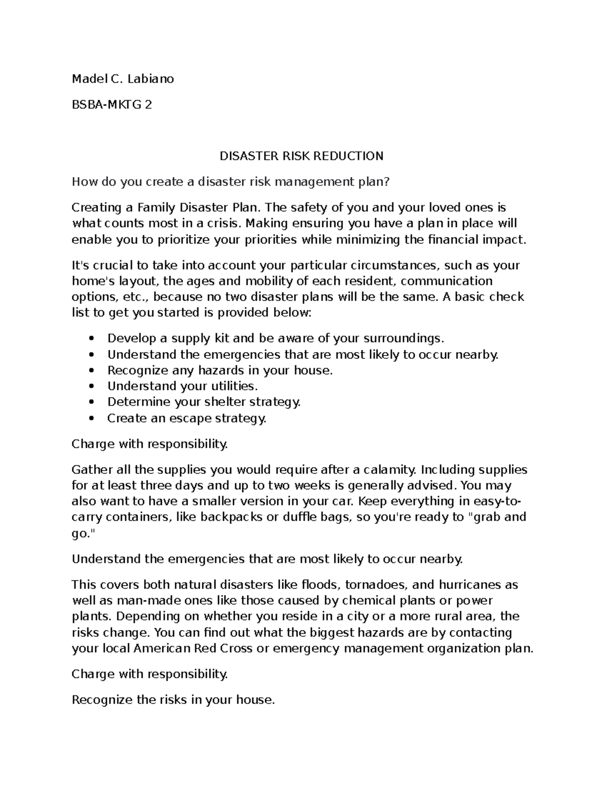 DRR 1 - Disaster Management Plan - Madel C. Labiano BSBA-MKTG 2 ...