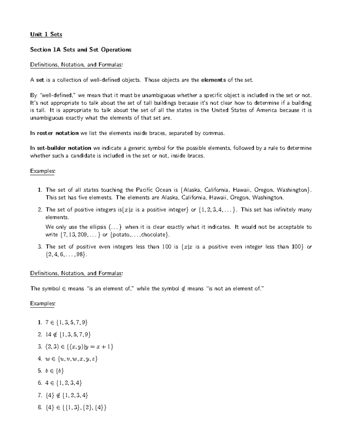 Chapter 1.1 Lecture notes for - Unit 1 Sets Section 1A Sets and Set ...