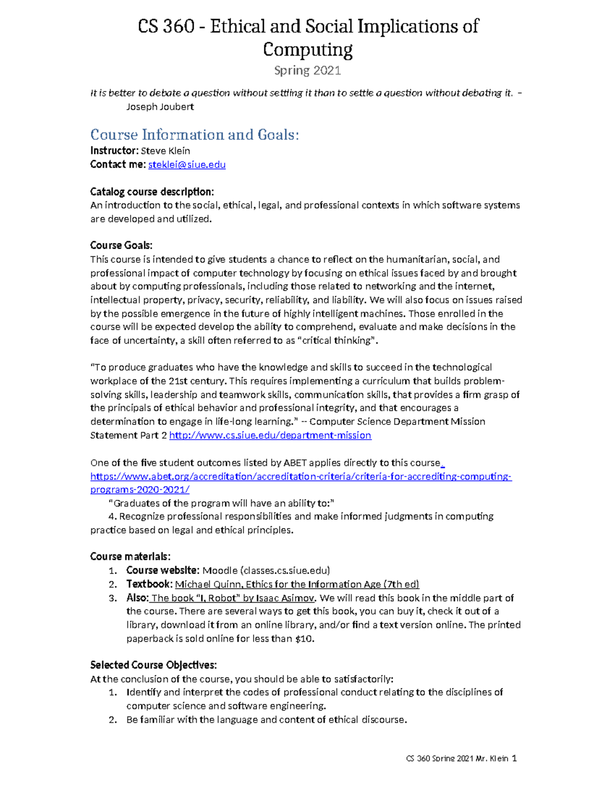 CS360Syllabus Spring 2021 - CS 360 - Ethical and Social Implications of ...