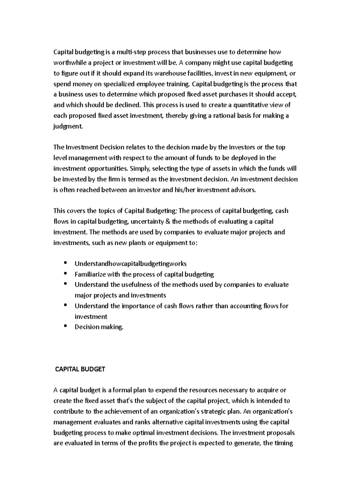 Capital budget - formal plan to expend the resources necessary to ...