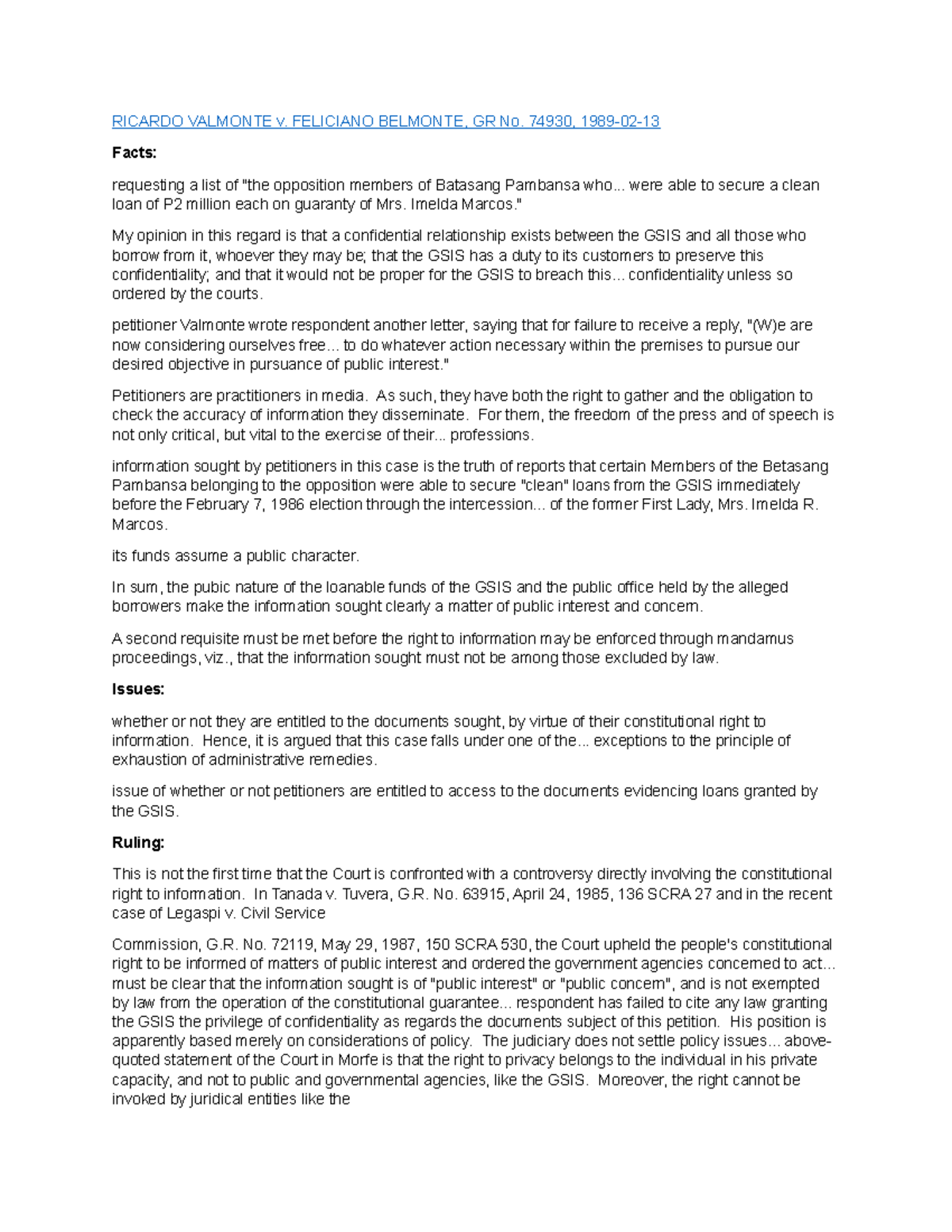 Consti digests - RICARDO VALMONTE v. FELICIANO BELMONTE, GR No. 74930, 1989-02- Facts ...