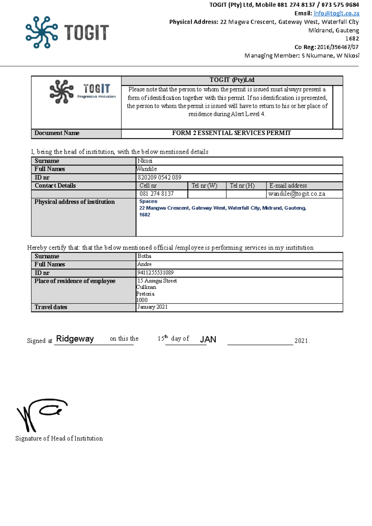 Togit permit 2021 - safety file - TOGIT (Pty) Ltd, Mobile 081 274 8137 ...