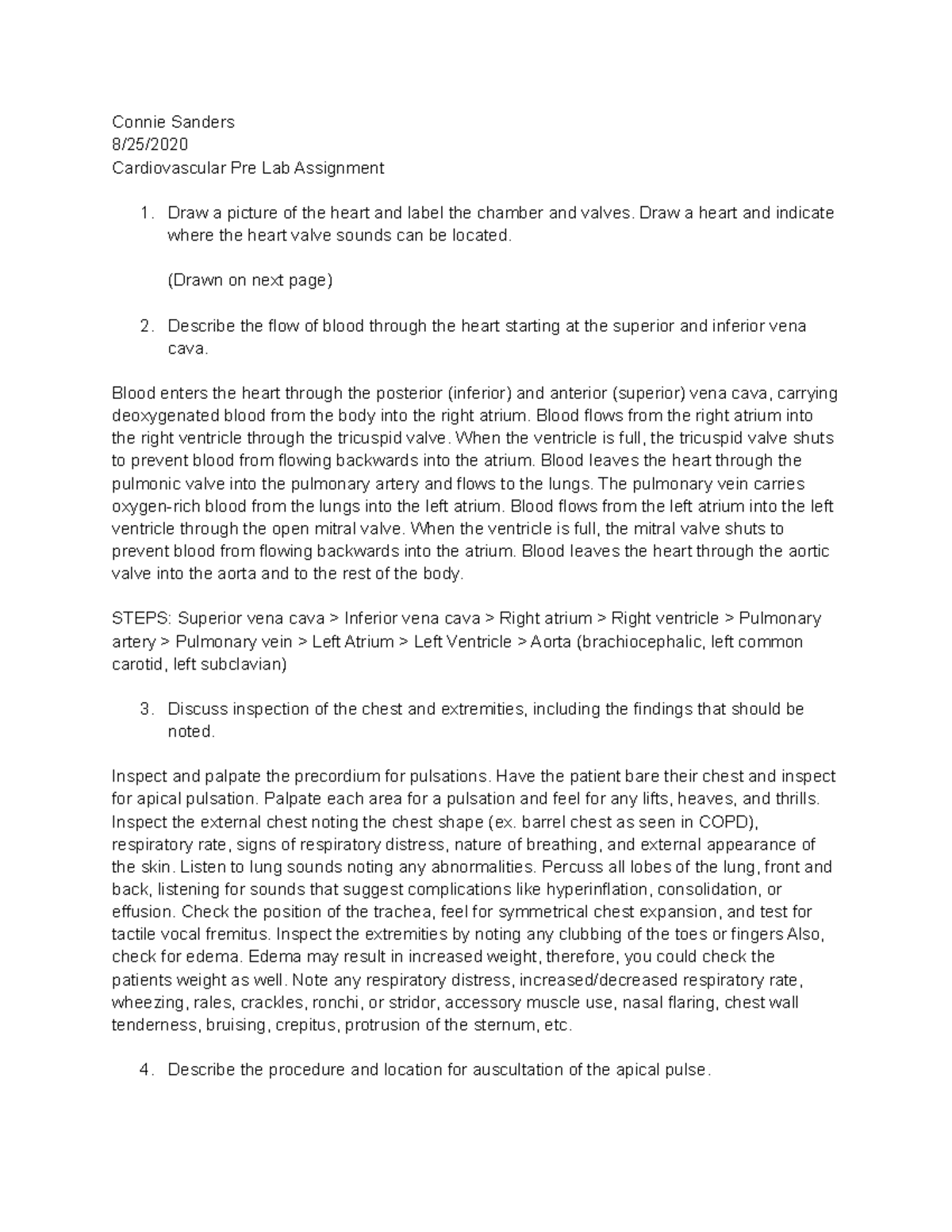 Cardiovascular Pre Lab Assignment - Connie Sanders 8/25/ Cardiovascular ...