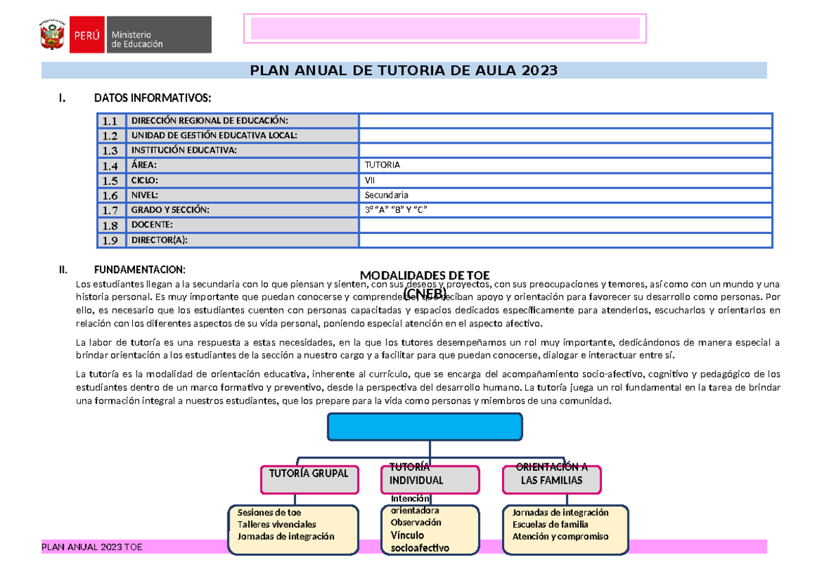 3º PLAN Anual Tutoria 3° SEC 2023 - PLAN ANUAL DE TUTORIA DE AULA 2023 I. DATOS INFORMATIVOS: 1 ...