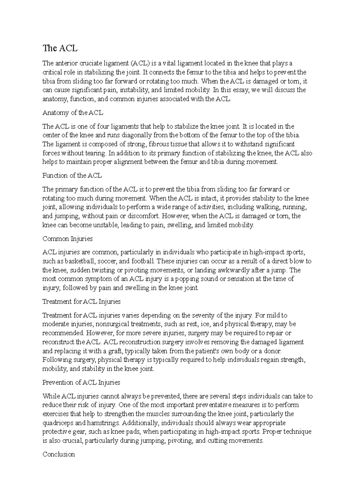 An, ACL - Essay about An, ACL - The ACL The anterior cruciate ligament ...