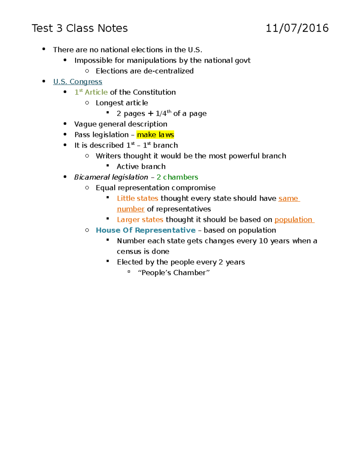 Test 3 Class Notes - Test 3 Class Notes There are no national elections ...