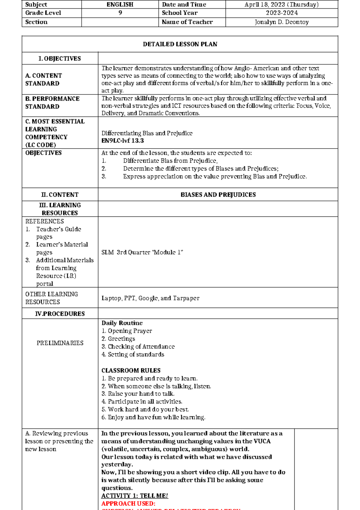 Example of Detailed lesson plan about digestive system - Subject ...