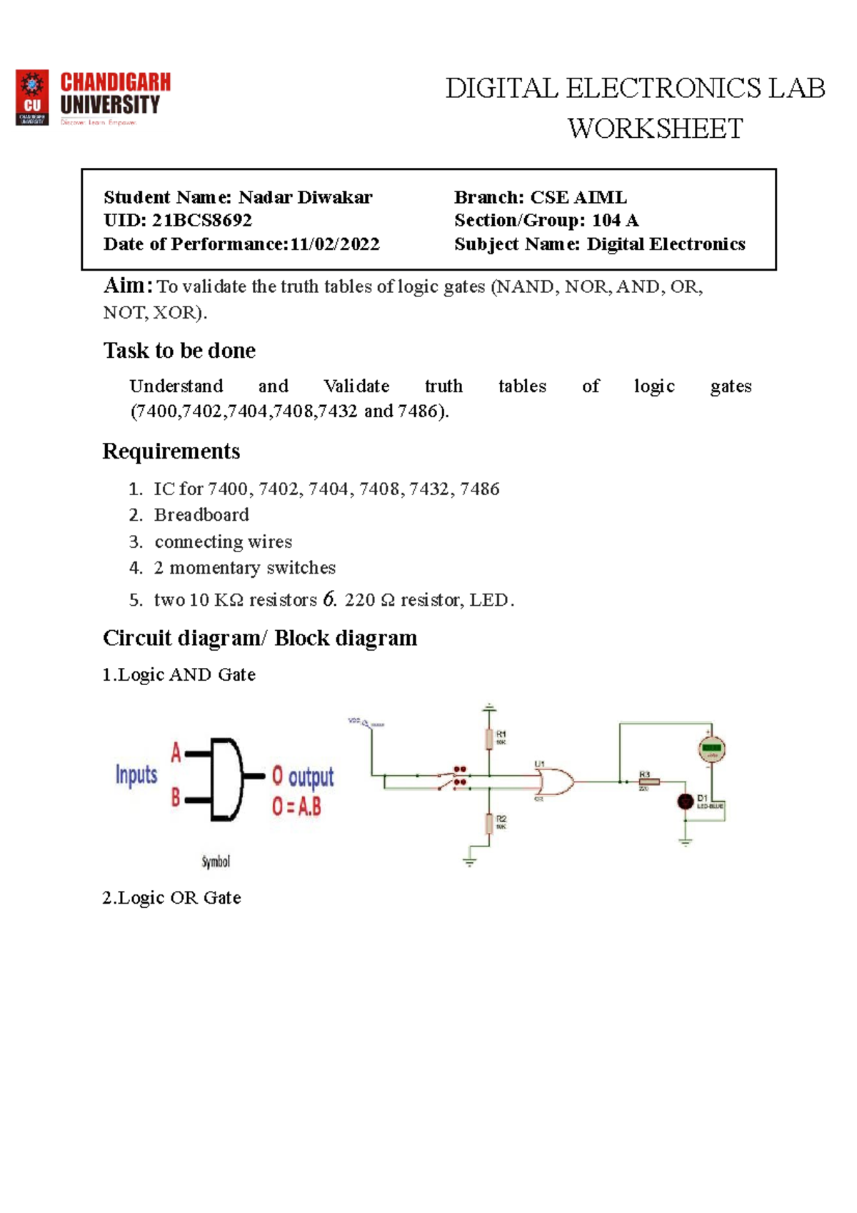 Digital Exp 1 - practical - WORKSHEET Student Name: Nadar Diwakar UID ...