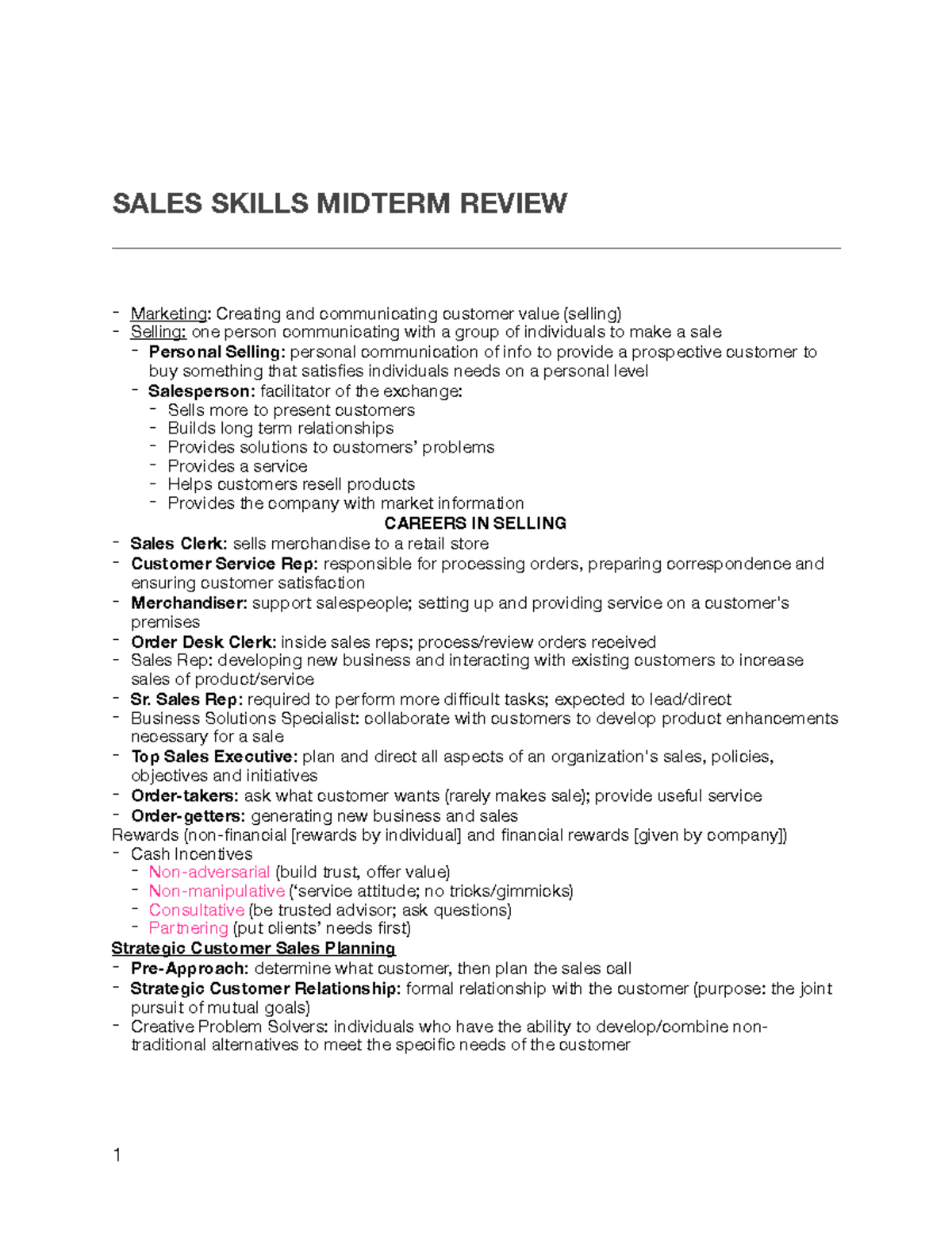 MKTG2243 Midtermreview - SALES SKILLS MIDTERM REVIEW - Marketing ...