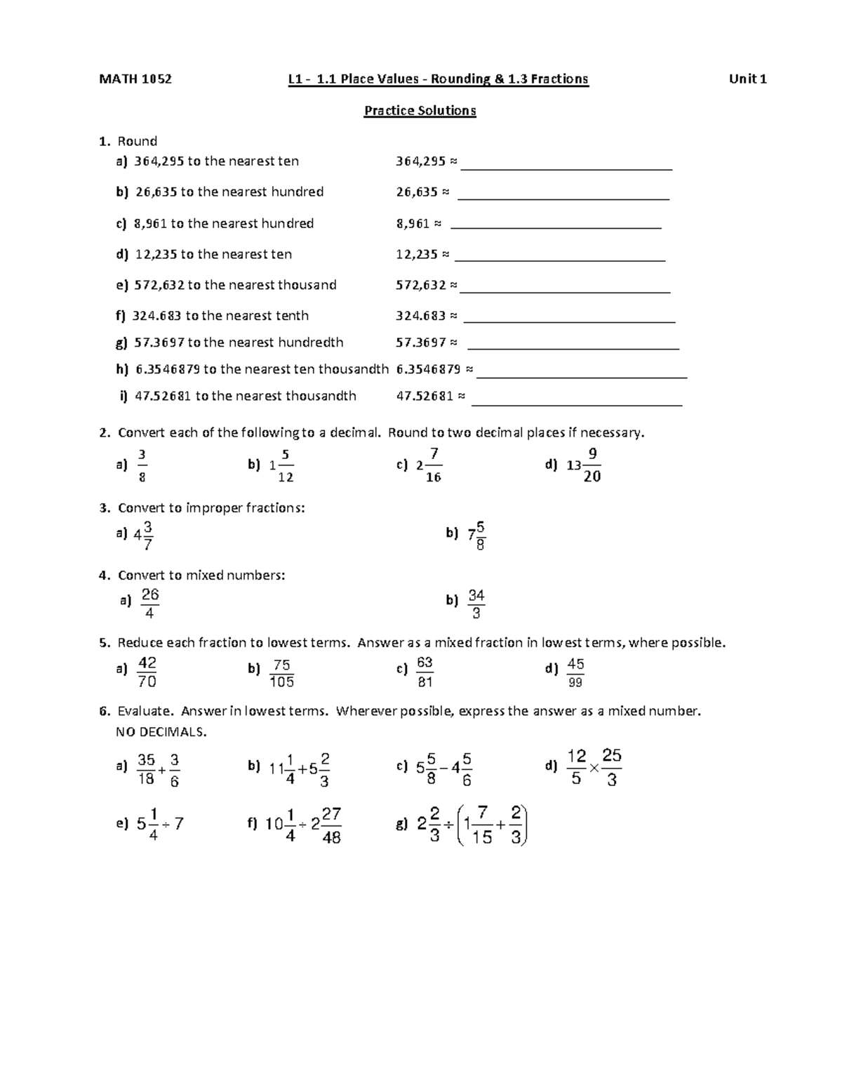L1 - 1.1 Rounding & 1.3 Fractions Practice - MATH 1 052 L 1 - 1 .1 ...