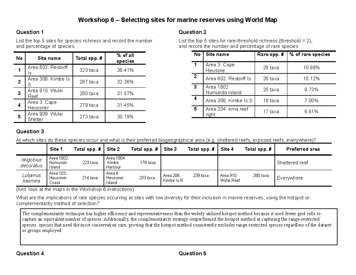 Workshop 6 answer sheet.docx write - Workshop 6 – Selecting sites for ...