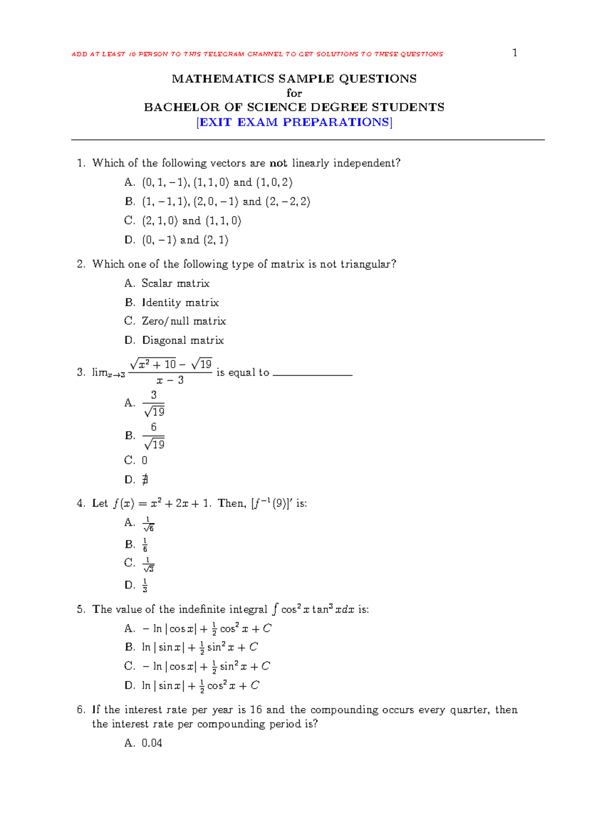 Exit Exam Sample Questions - MATHEMATICS SAMPLE QUESTIONS for BACHELOR ...