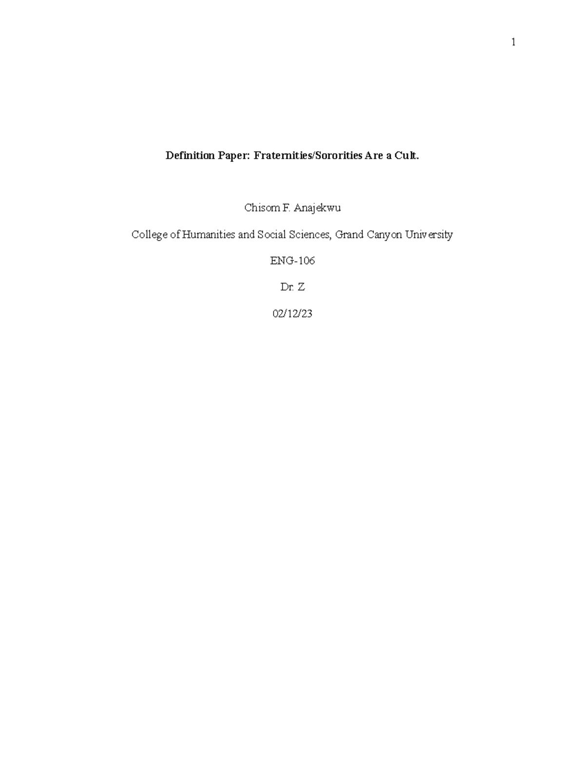 English First Draft - I got an A - Definition Paper: Fraternities ...