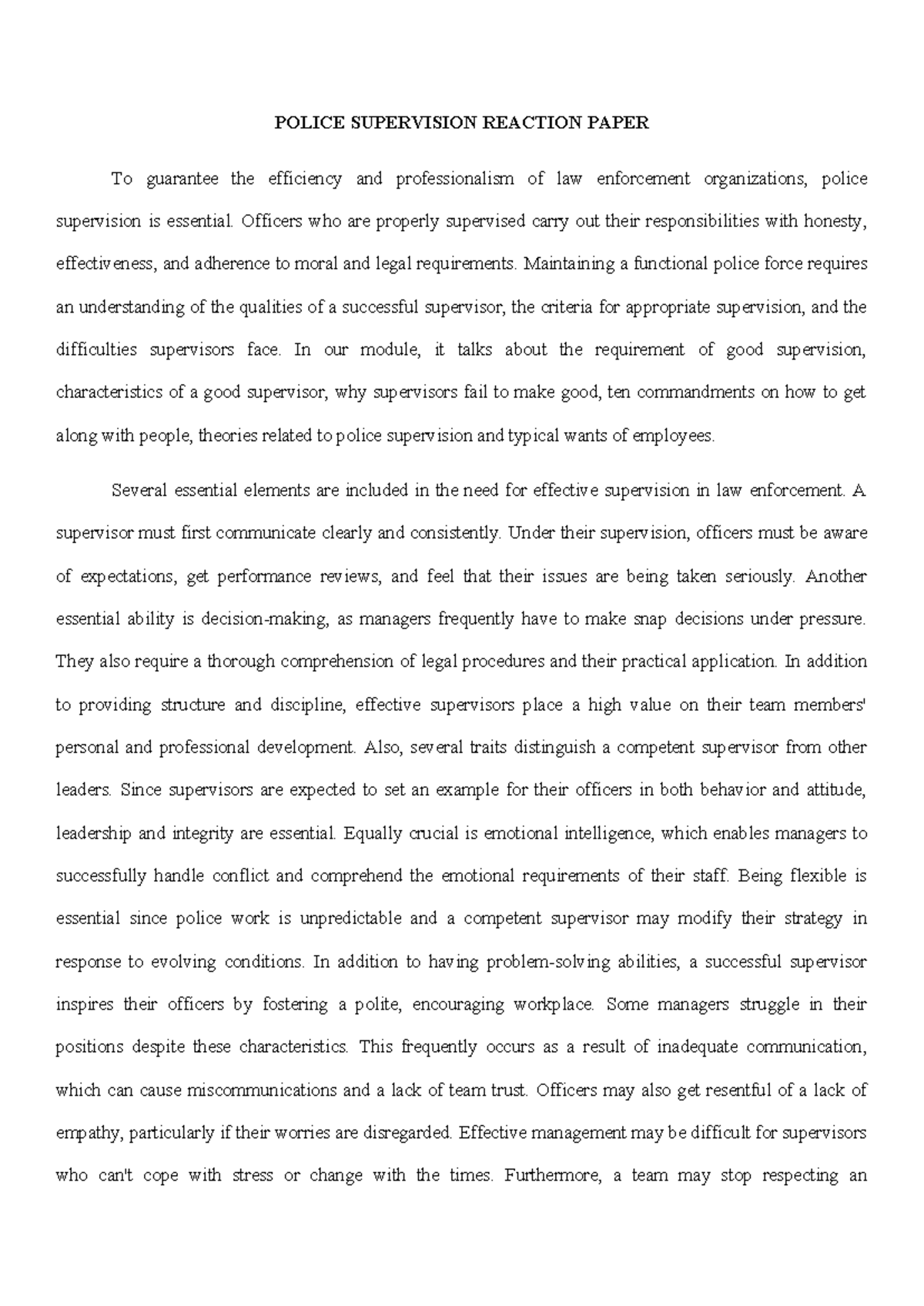 Police Supervision Reaction Paper - POLICE SUPERVISION REACTION PAPER ...
