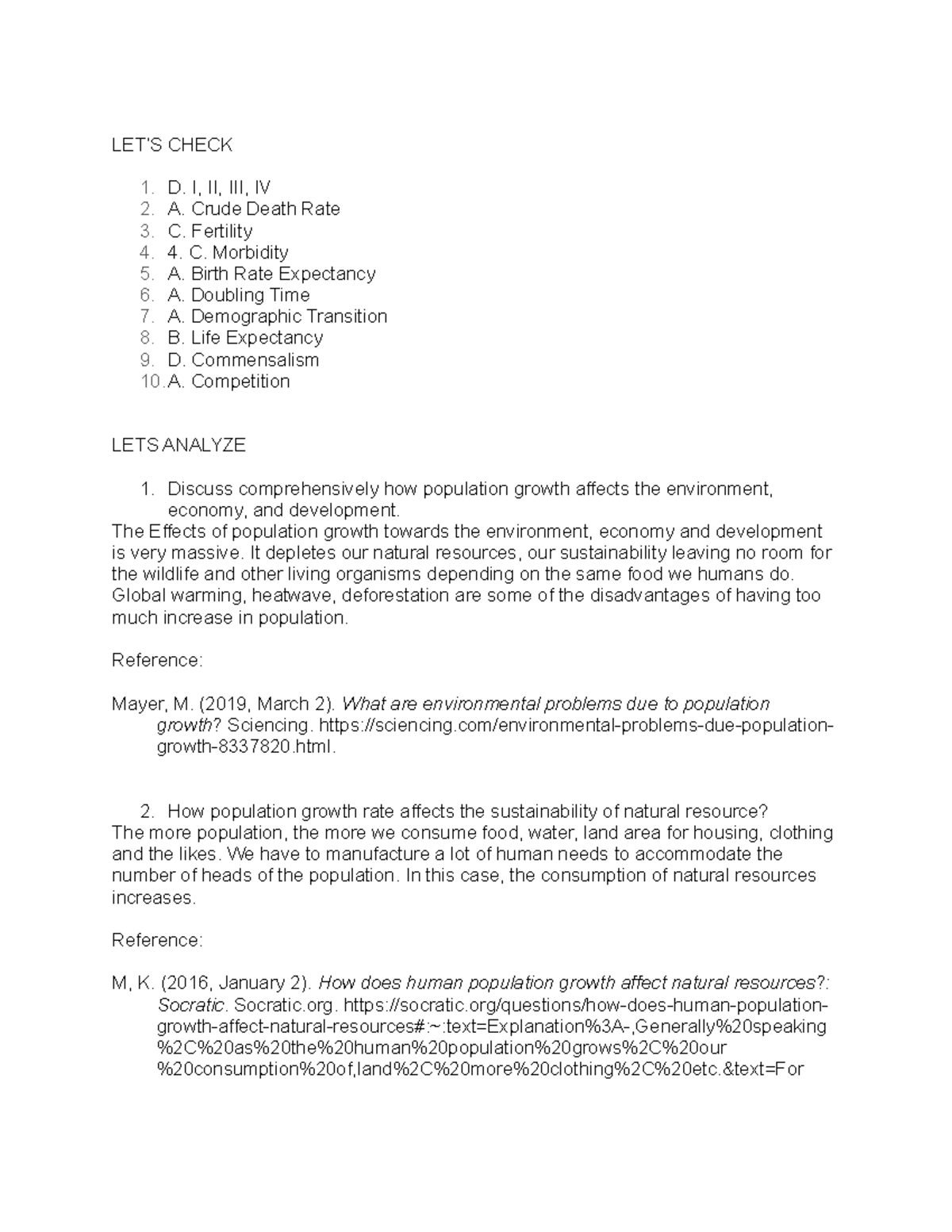 GE 15 Assignment 2 - Environmental Science - LET’S CHECK 1. D. I, II ...