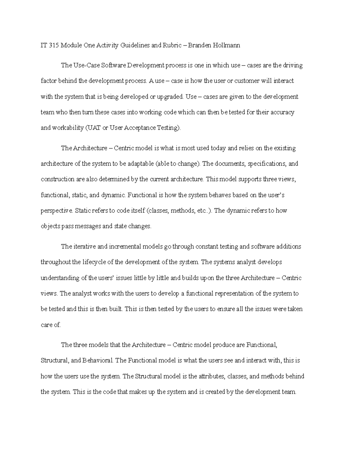 IT 315 Module One Activity Guidelines and Rubric - A use – case is how ...