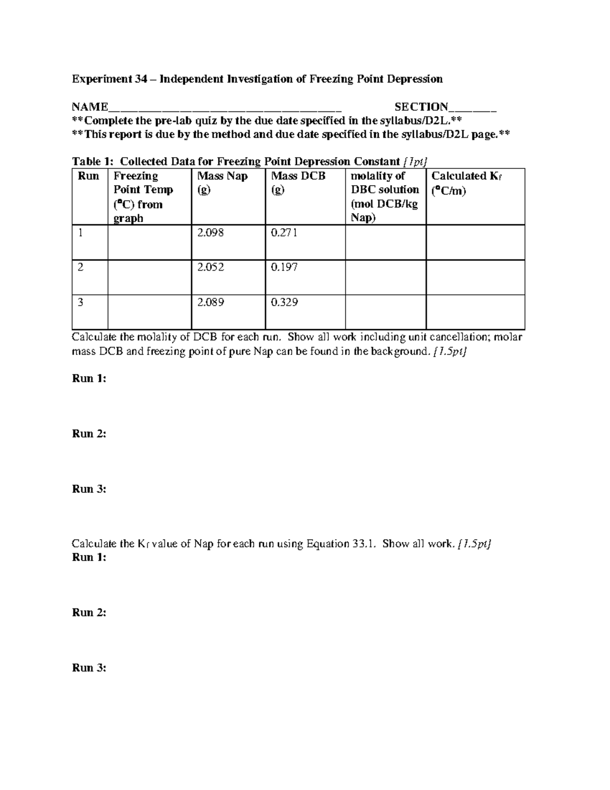 Experiment 34 Report - Lab Paper - Experiment 34 – Independent Investigation of Freezing Point ...