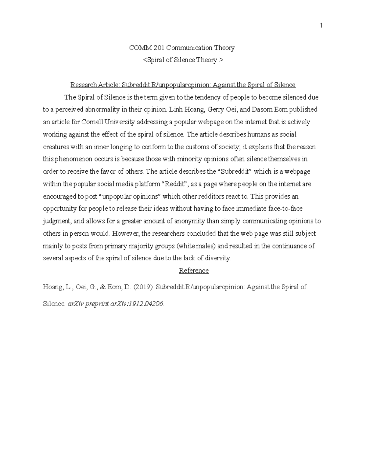 Spiral of Silence - summary of an article - 1 COMM 201 Communication Theory