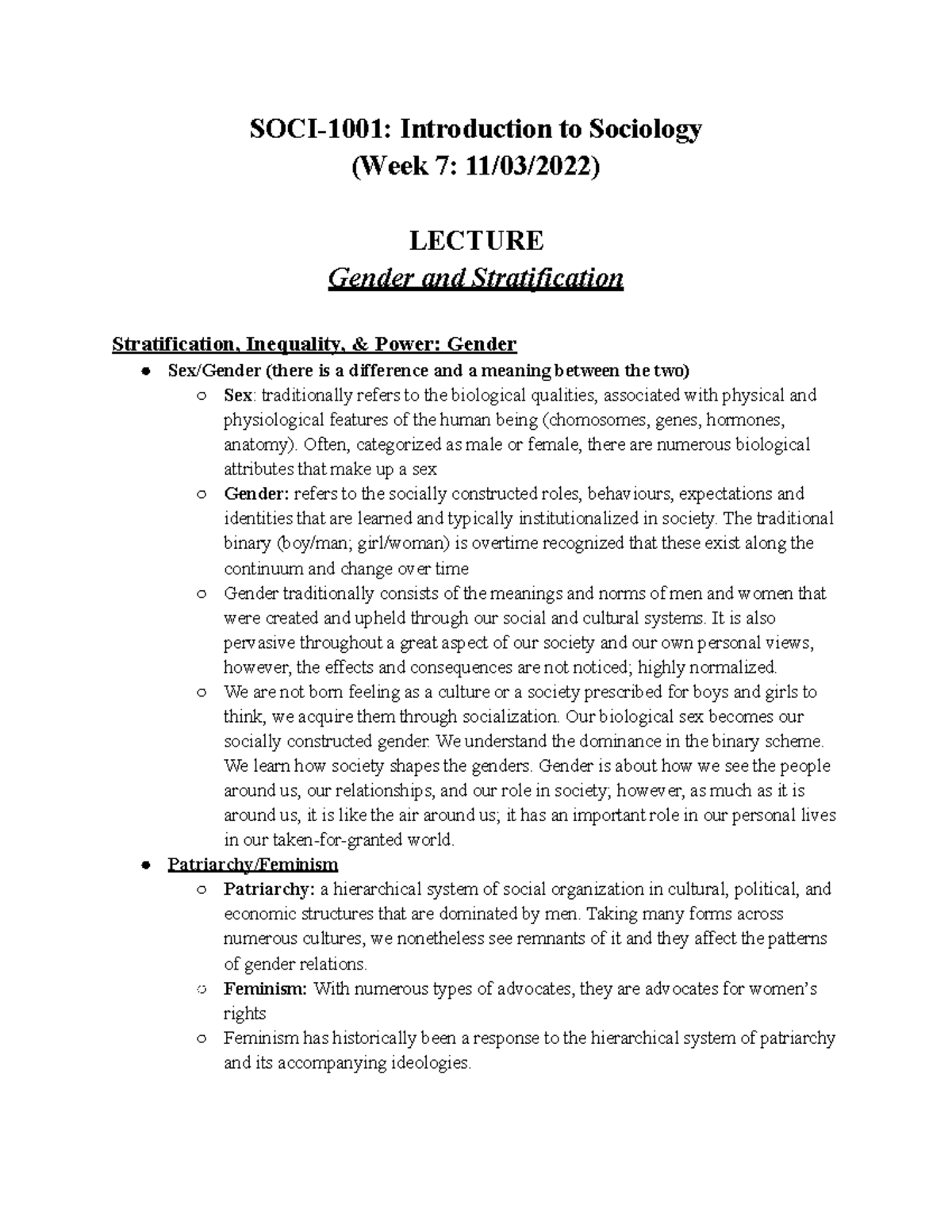 SOCI-1001 Week 7 - Gender and Stratification, a lecture presented at ...