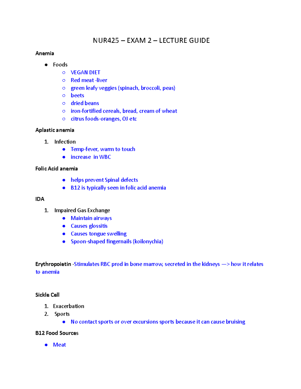 Med Surg Lecture Guide Exam2 - NUR425 – EXAM 2 – LECTURE GUIDE Anemia ...